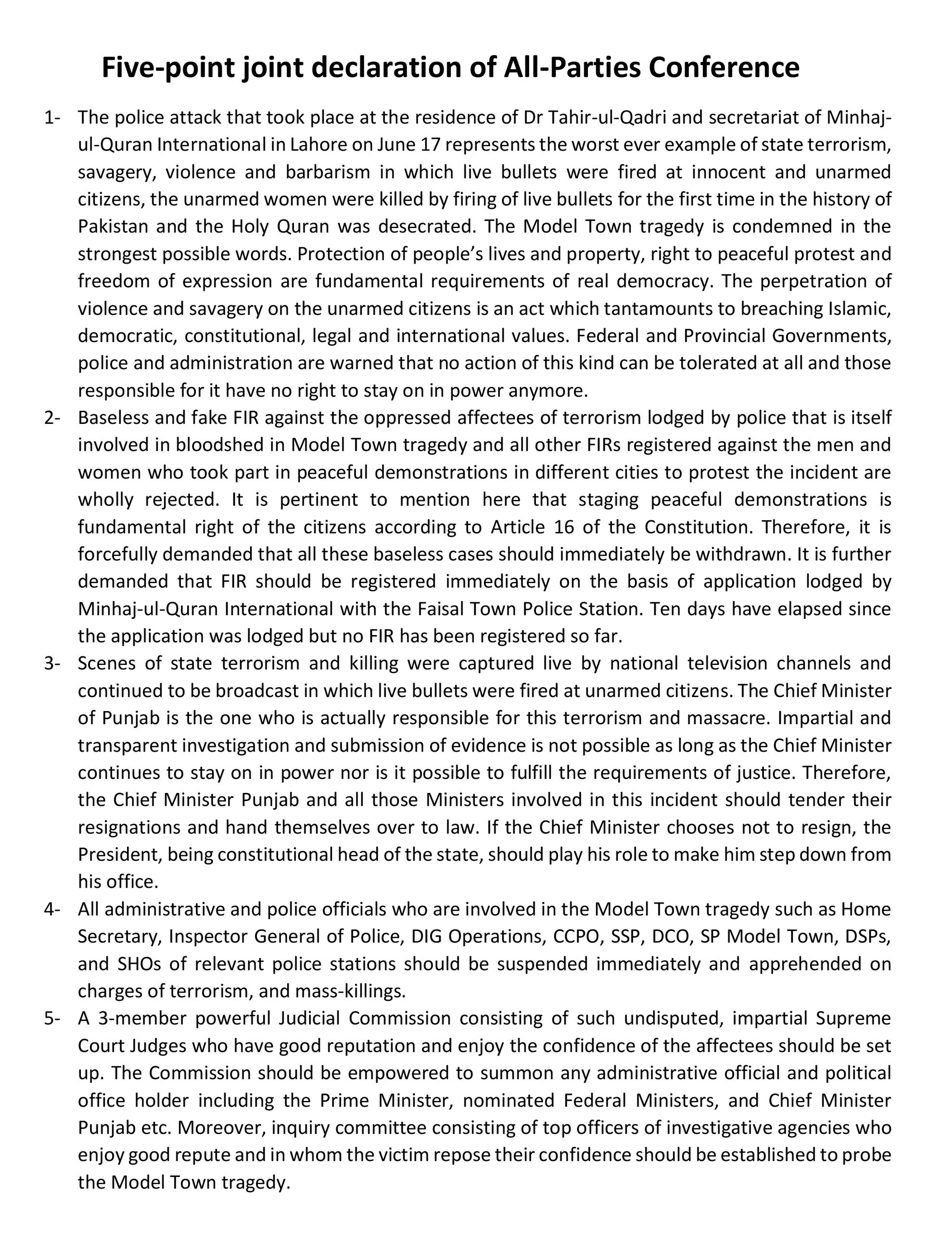 Five-point joint declaration of All-Parties Conference - Pakistan Awami ...